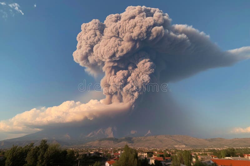 Smoke and Ash Plume Rising from a Volcano Against a Clear Sky Stock ...