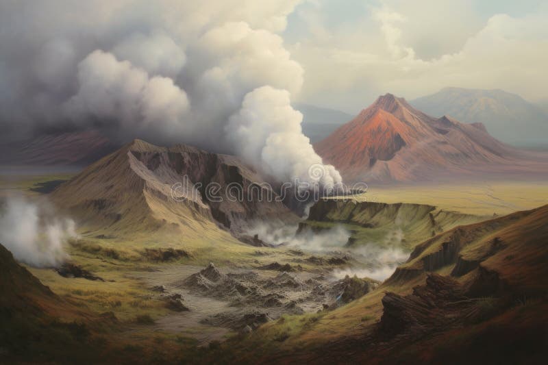 Smoke and Ash Plumes Rising from a Volcanic Crater Stock Illustration ...