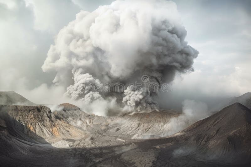Smoke and Ash Plumes Rising from a Volcanic Crater Stock Illustration ...