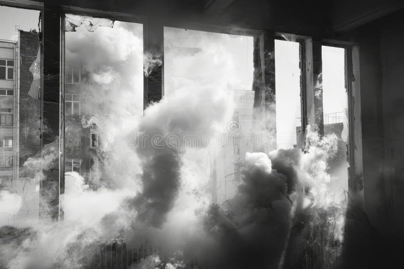 Smoke Billows through Shattered Windows of a Building, Likely Damaged ...