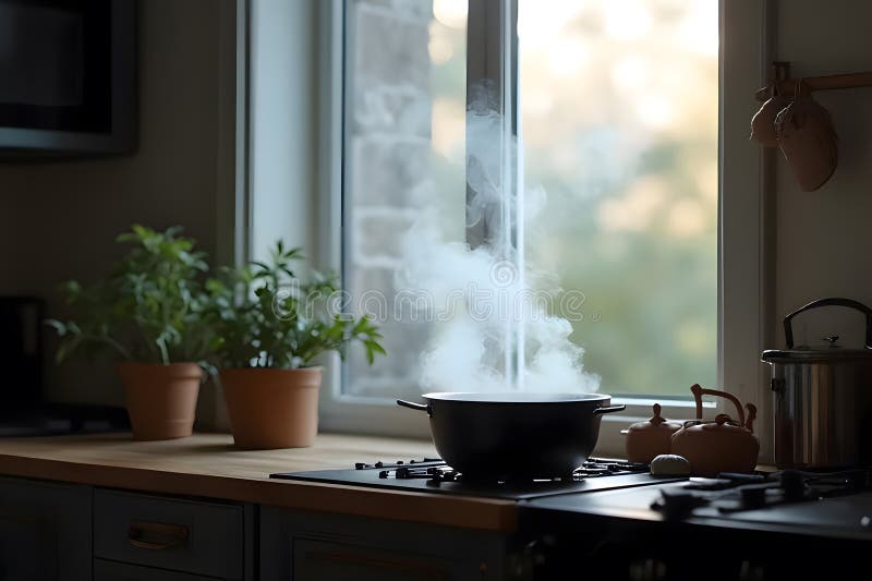 Smoke from a Boiling Kettle, Ready To Cook in the Kitchen Stock ...