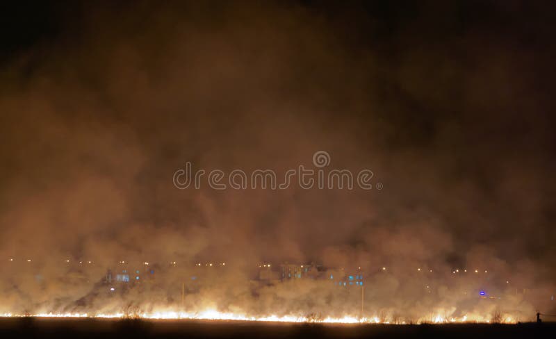 Fire in the Field at Night, Burning Grass on the Field, the Smoke from ...