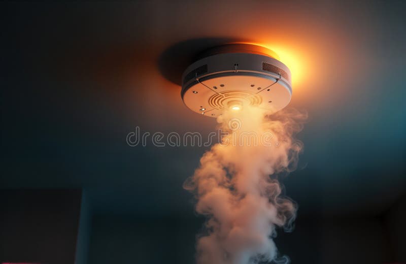 Smoke Detector on Ceiling Activates with Smoke Alarm. Modern Smoke ...