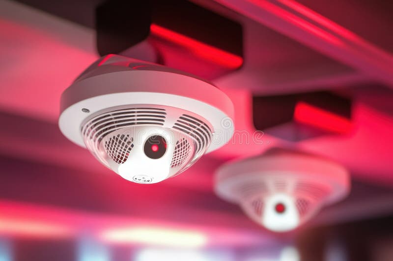 Ceiling Mounted Smoke Detectors with Red Indicator Lights in a Modern ...