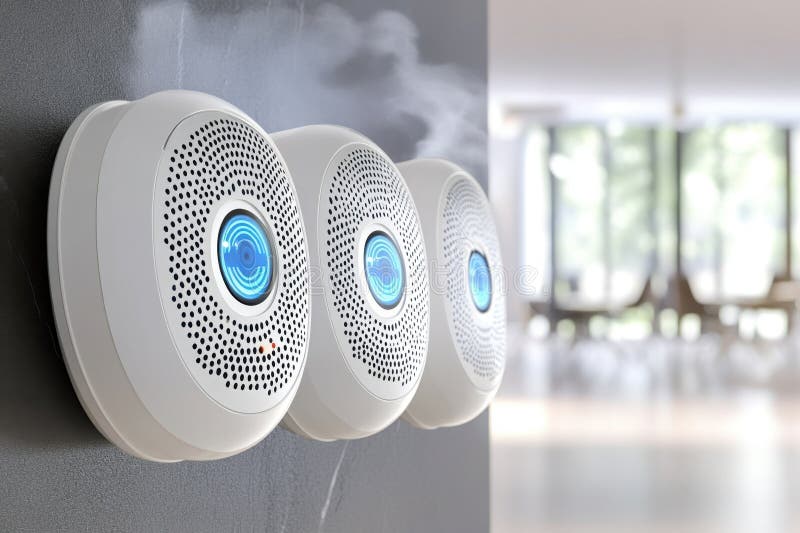 Smoke Detectors Mounted on a Wall in a Modern Indoor Space with Visible ...