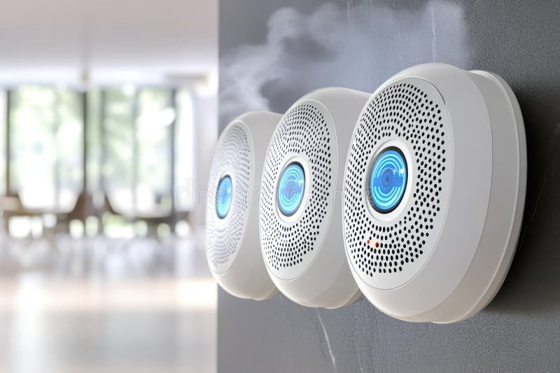 Smoke Detectors Mounted on a Wall in a Modern Indoor Space with Visible ...