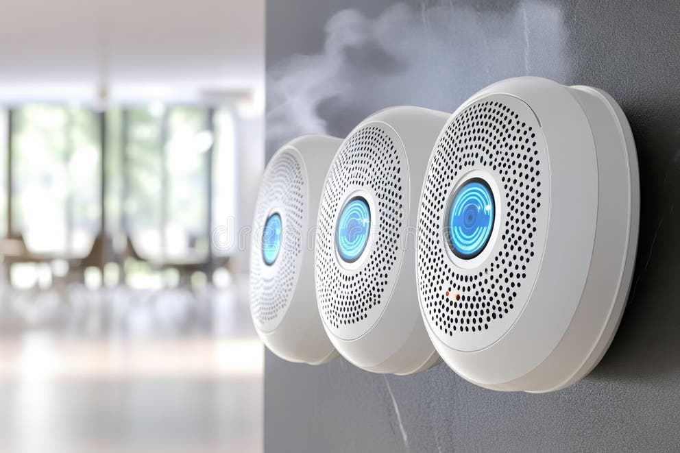 Smoke Detectors Mounted on a Wall in a Modern Indoor Space with Visible ...