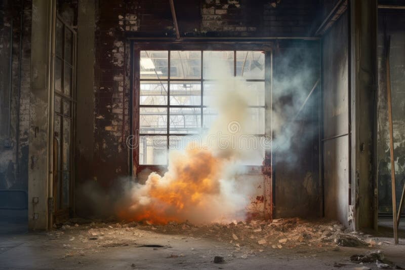 Industrial Building with Collapsed Roof and Broken Windows, Surrounded ...