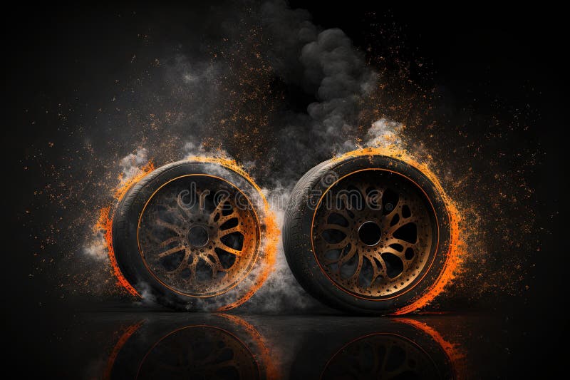 Smoke-filled Charred Wheels Against a Dark Background Stock ...