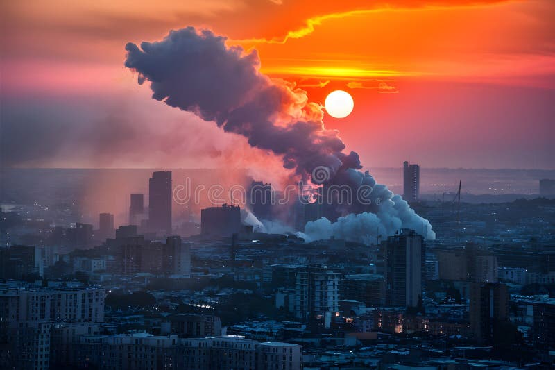 Smoke Filled Cityscape after Explosion at Sunset, Dramatic Scene Stock ...