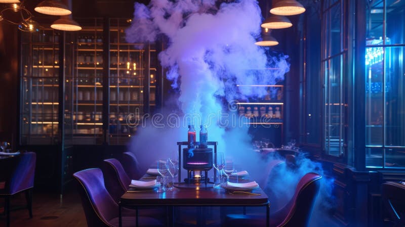 Smoke-filled Fine Dining Restaurant with Purple Lighting Stock Image ...