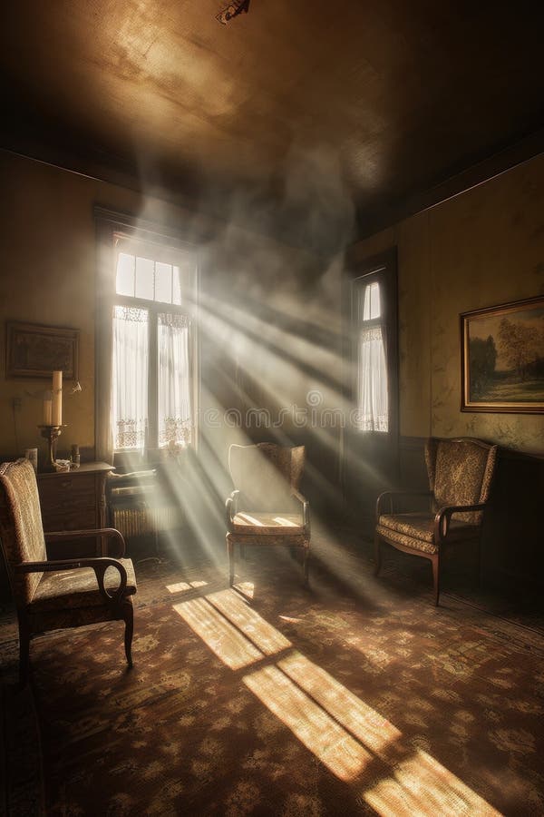 Smoke-filled Room with Light Rays Shining through Stock Illustration ...