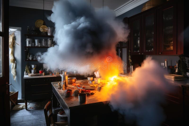 Smoke and Fire during an Accident in a Kitchen Created with Generative ...