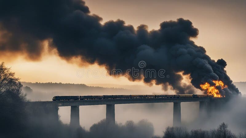 Smoke from a Fire a Burning Train on Fire, Exploding, that Crosses an ...
