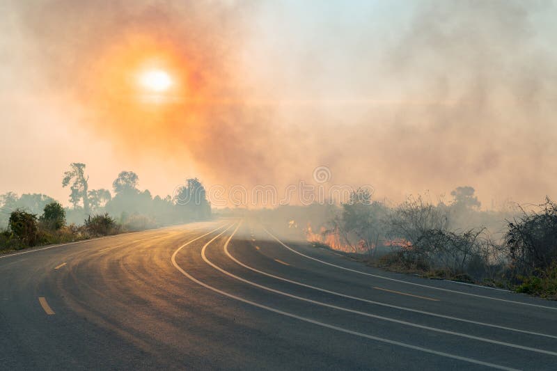 Smoke and Fire on the Rural Road Stock Photo - Image of field, warming ...