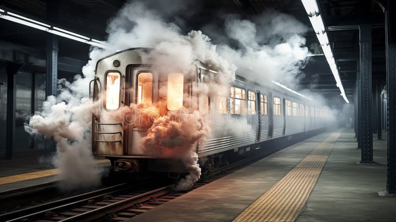 Smoke and Flames Engulf a Train at a Subway Station Platform .AI ...