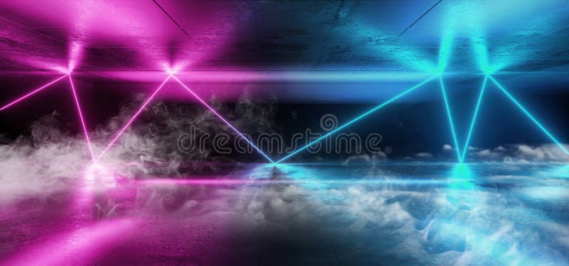 Smoke Fog Neon Glowing Laser Shaped Purple Blue Light Tubes Reflecting ... Smoke Fog Neon Glowing Laser Shaped Purple Blue Light Tubes Reflecting ...