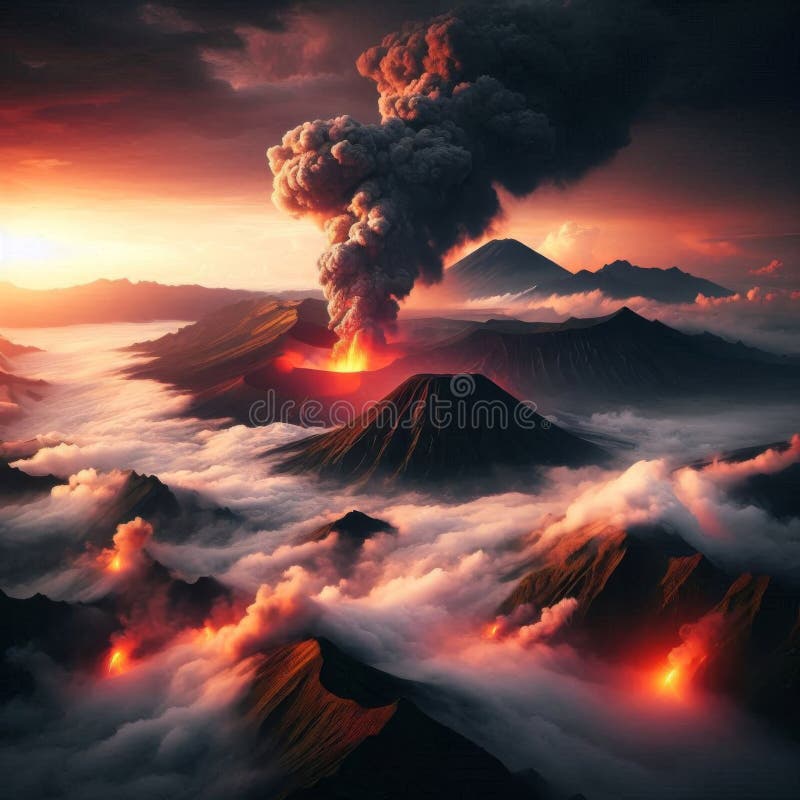 Smoke and Lava Erupting from an Active Volcano Stock Illustration ...