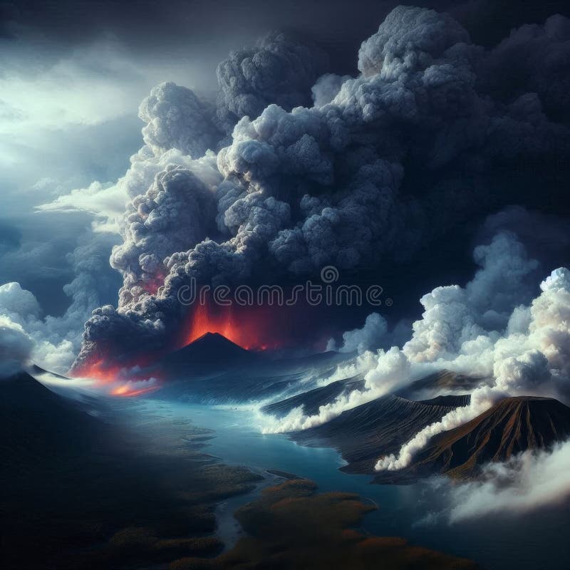 Smoke and Lava Erupting from an Active Volcano Stock Illustration ...