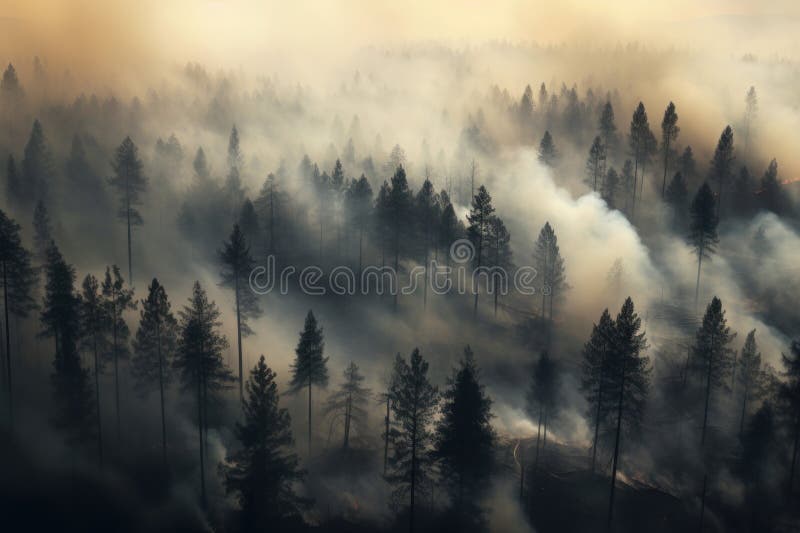 Smoke Over the Forest, Fire in the Pine Forest, Arial View Stock ...