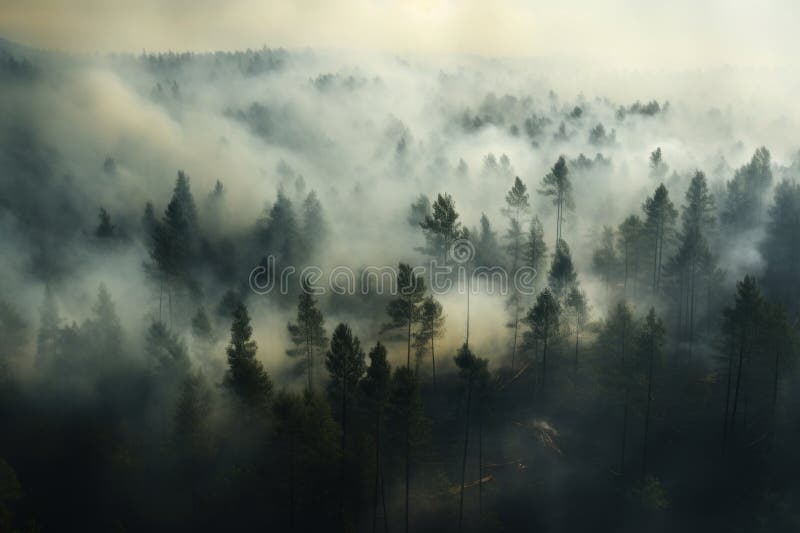Smoke Over the Forest, Fire in the Pine Forest, Arial View Stock ...