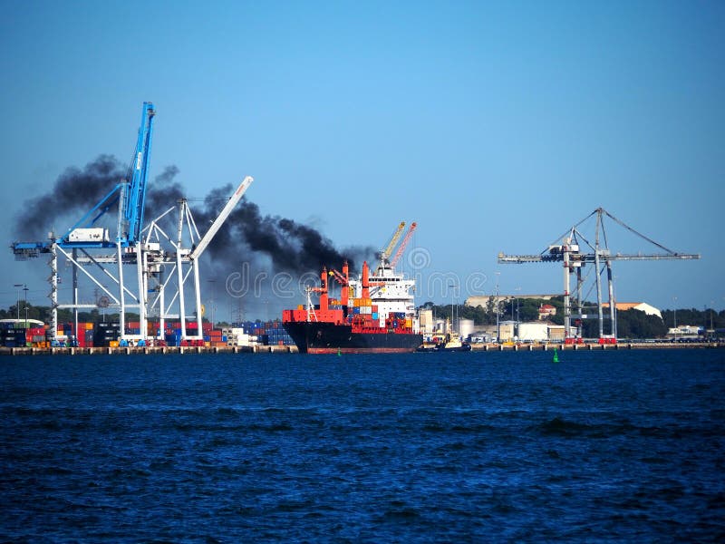 Environmental Smoke Pollution from Container Ship Stock Photo - Image ...