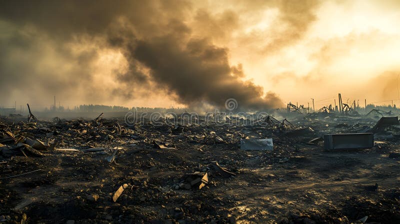Smoke Rising from Desolate War-torn Landscape at Sunset Stock Photo ...