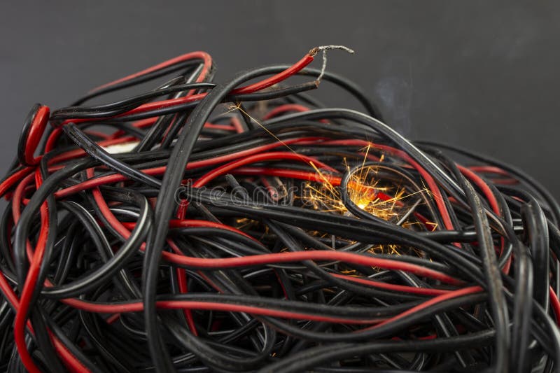 Smoke and Sparks on Many Electrical Cables, Fire Hazard Concept Stock ...