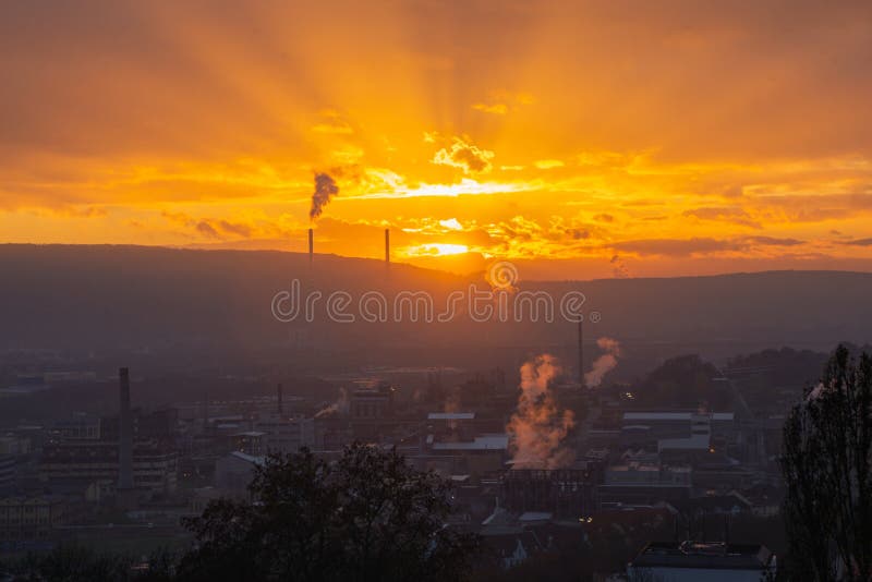 Smoke Steam Factory in Sunset Pollution Stock Photo - Image of global ...