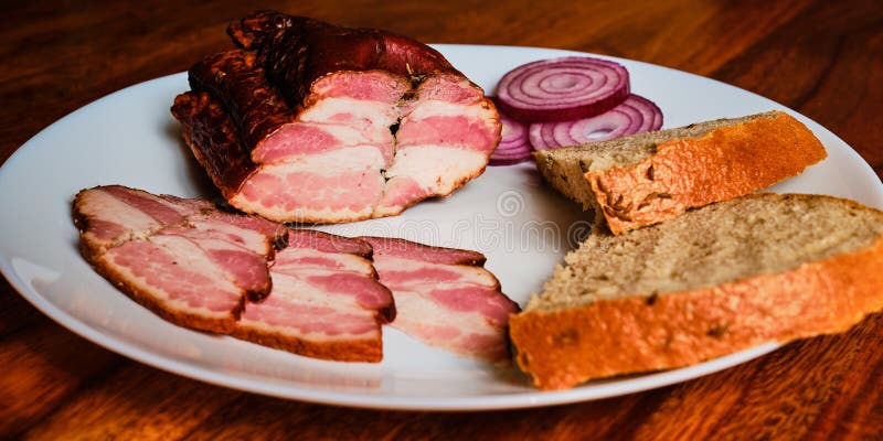 Smoked Bacon with Bread on Plate Stock Photo - Image of food, meal ...