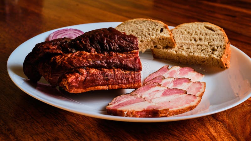 Smoked Bacon with Bread on Plate Stock Photo - Image of bread, wood ...