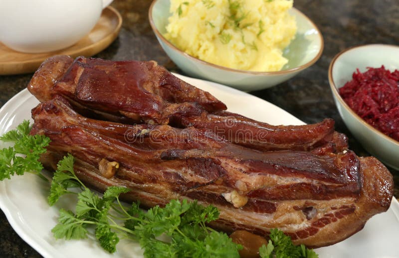 Smoked Bacon Cooked and Served with Mushed Potatoes Stock Image - Image ...