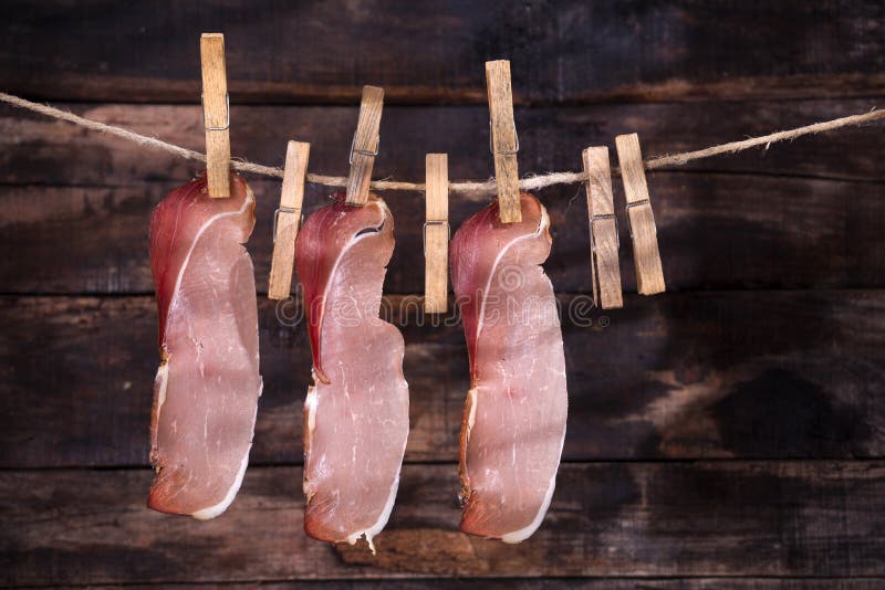 Smoked bacon hanging stock image. Image of pork, tasty - 64146869