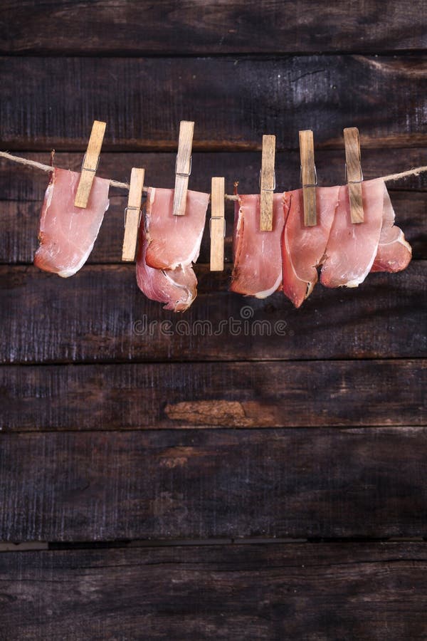 Smoked bacon hanging stock image. Image of tasty, speck - 64147051