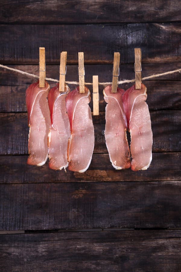 Smoked bacon hanging stock image. Image of pork, tasty - 64146869