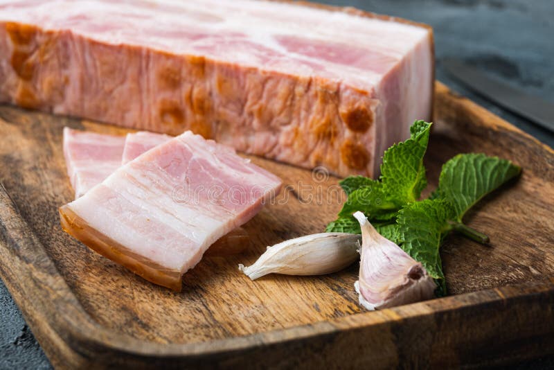 Smoked Bacon, Whole Slab on Grey Textured Background Stock Image ...