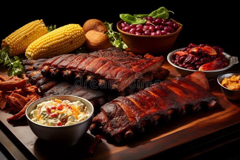 Smoked Barbeque Meat on Table with Different Appetizers. Generative AI ...