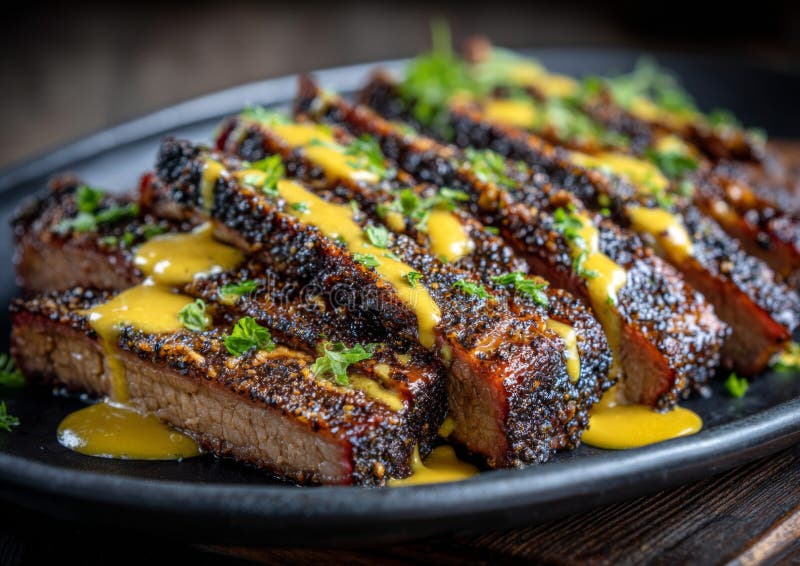 Smoked Beef Slices with Yellow Sauce on Dark Plate Stock Illustration ...