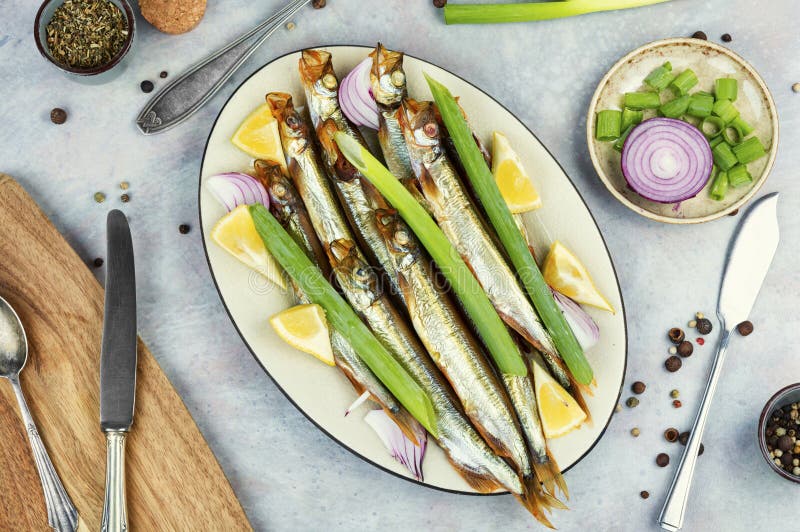 Smoked Capelin Fish with Lemon Stock Photo - Image of ingredient ...