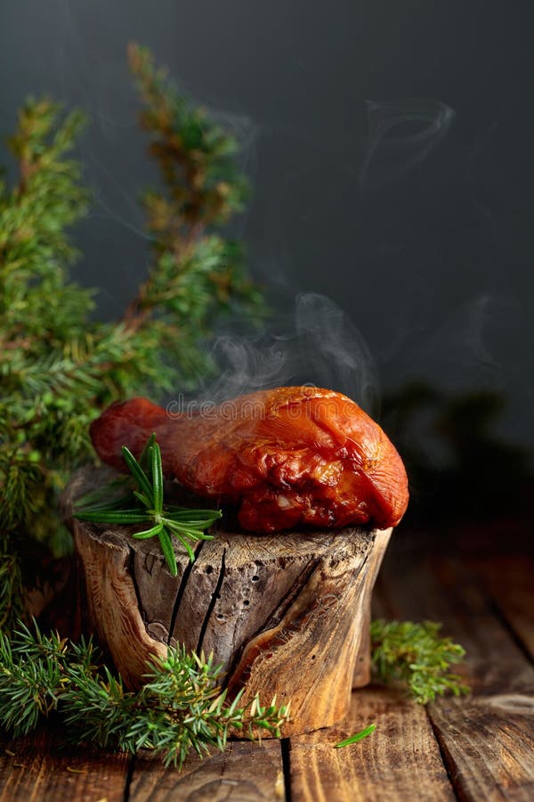 Smoked Chicken Drumstick Juniper Branches Wooden Table Stock Photos ...