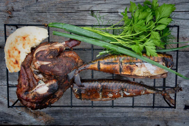 Smoked Chicken and Smoked Fish Stock Photo - Image of roast, fried ...