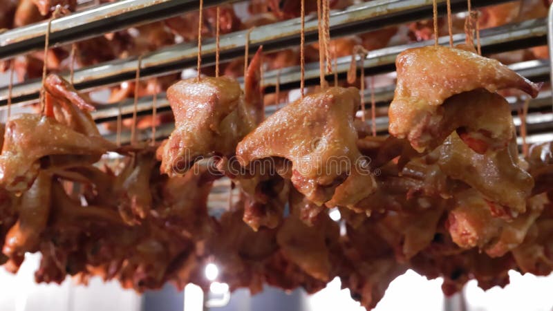 Smoked Chickens Hanging in Food Processing Unit, Rows of Smoked ...