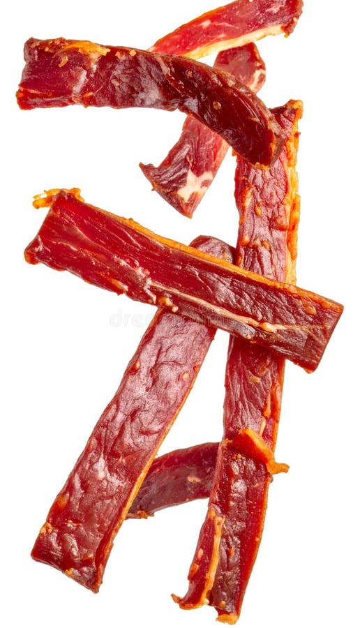 Smoked Dried Meat Strips Falling on Transparent Background Stock Image ...