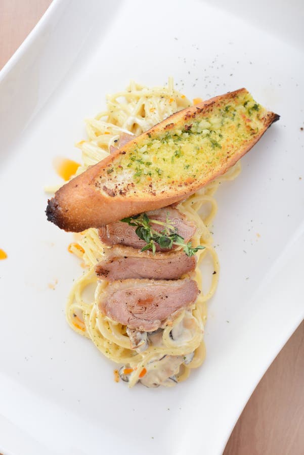 Smoked Duck with Carbonara Spaghetti Stock Image - Image of cheese ...