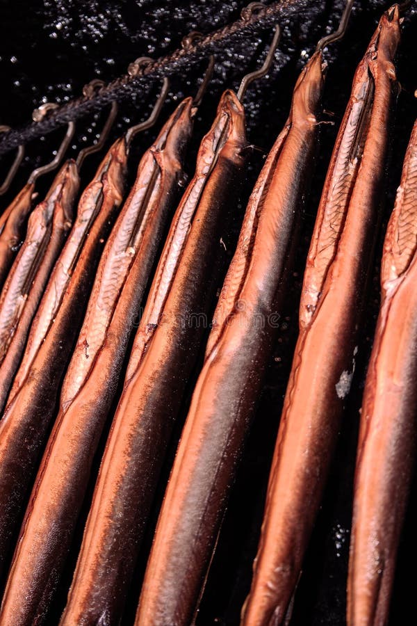 Smoked Eel on the Hook in the Smoker, Smoked Fish Stock Image - Image ...
