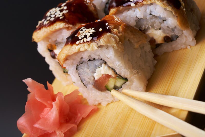 Smoked Eel Roll Unagi Made of Fresh Raw Salmon Stock Image - Image of ...