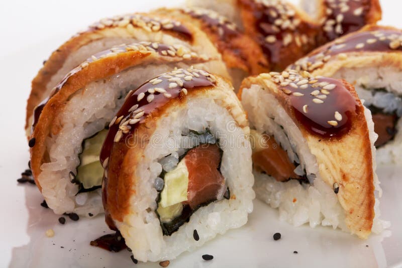 Smoked Eel Roll Unagi Made of Fresh Raw Salmon Stock Photo - Image of ...
