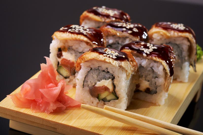Smoked Eel Roll Unagi Made of Fresh Raw Salmon Stock Image - Image of ...
