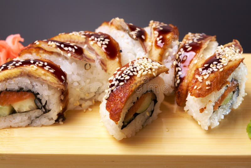 Smoked Eel Roll Unagi Made of Fresh Raw Salmon Stock Image - Image of ...