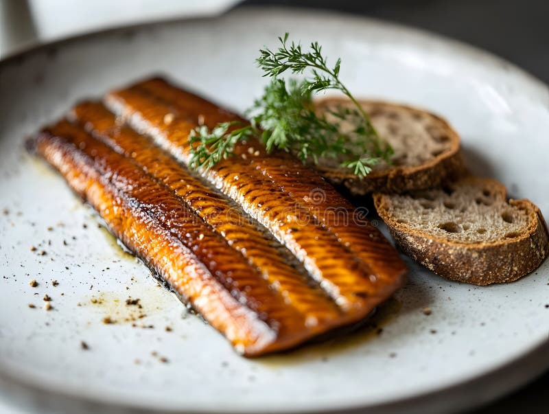 Smoked eel with rye bread stock illustration. Illustration of delicacy ...